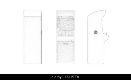 3d rendering of a arcade machine line drawing isolated in white ...