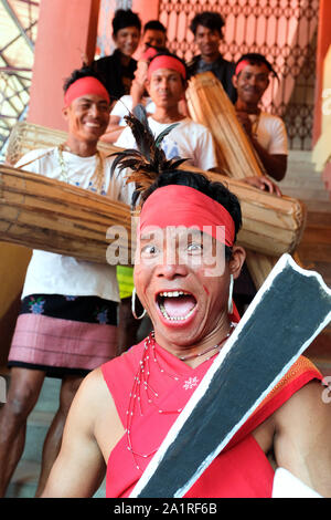 Indian adivasi dancers at an event in the village of Balipara. Assam ...