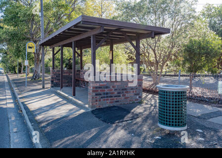 A clinker brick, timber and steel roof bus stop in Turramurra, Sydney ...