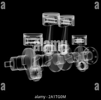 Pistons and crankshaft X-Ray style. Isolated on black background. 3D ...