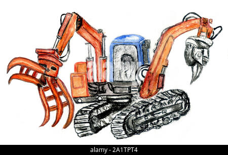Hand painted construction car digger or excavator watercolor ...
