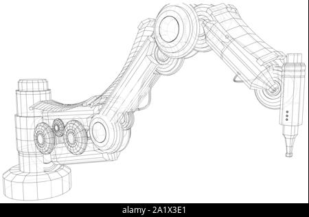 Robot arm, industrial machinery. Technical illustration wire-frame ...
