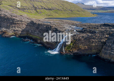 Sorvagsvatn lake and Bosdalafossur waterfall on Vagar island aerial ...