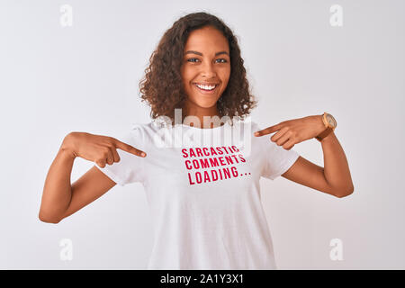 Brazilian woman wearing fanny t-shirt with irony comments over isolated ...