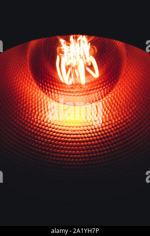 a light bulb with a red light shining inside of it on a dark background ...