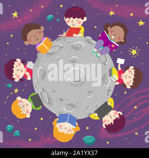 Illustration of Kids Reading Books in an Outer Space Themed Library ...