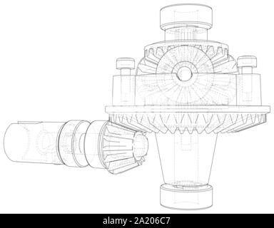Inside view on gearbox cross section with gears and shafts. Wire-frame ...