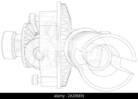 Inside view on gearbox cross section with gears and shafts. Wire-frame ...