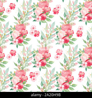 Watercolor seamless pattern with magnolia flowers, birds and decorative ...