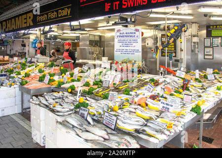 Fish stalls in Bolton Market, Bolton, Greater Manchester, England ...