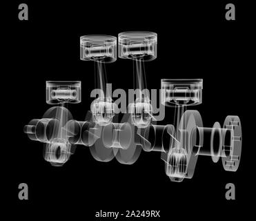 Pistons and crankshaft X-Ray style. Isolated on black background. 3D ...