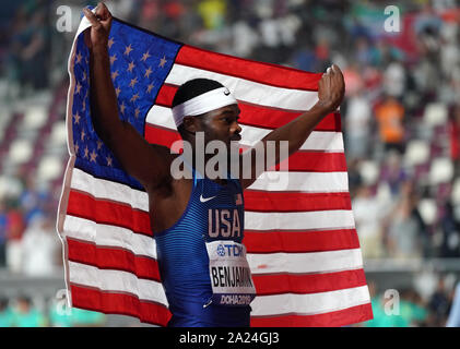 United States' Rai Benjamin reacts as he wins the gold medal in the men ...