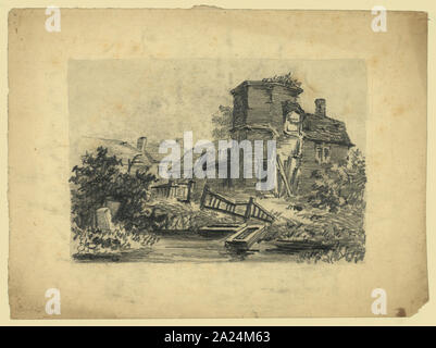 Pencil drawing - shack near stream Stock Photo - Alamy