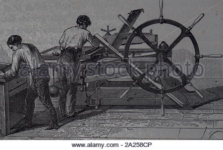 Illustration depicting a lithographic press. Johann Alois Senefelder ...