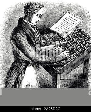 An engraving depicting a compositor making up a line of type. In his ...