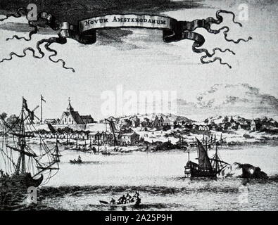 New Amsterdam, 17th century view. Dutch settlement established at the ...