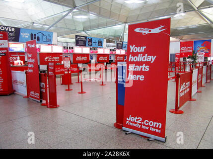 Jet2.com airline check in desk seen at London Stansted Airport Stock ...