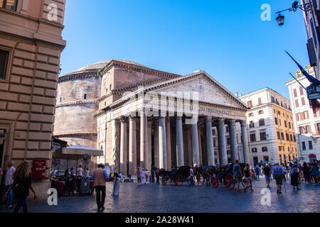 Scene of the front of the massive pillared historic Pantheon in Rome ...