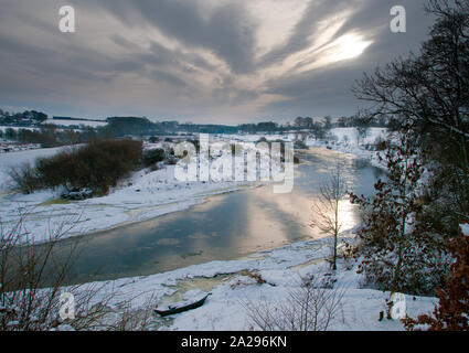 The River Tweed frozen over at Ladykirk, Scottish Borders Stock Photo ...