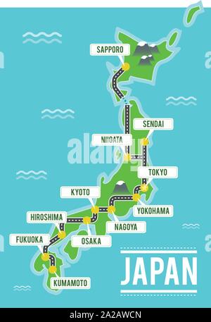 Cartoon map of Japan. Travel illustration with landmarks, buildings ...