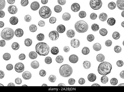 Seamless ancient coins pattern with watercolor flowers and blue ...