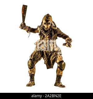 Evil creature wearing tattered rags and gas mask, holding a blood ...