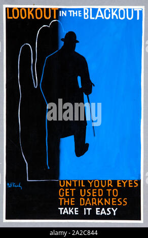 British, WW2, Road safety poster, Lookout in the blackout, Think before ...