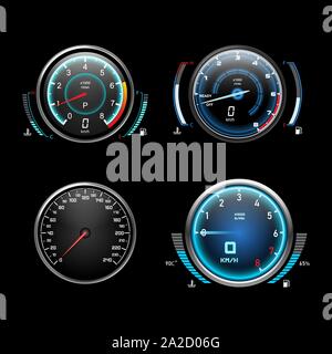 Futuristic car speedometer or gauge dial, neon LED speed meter, vector ...