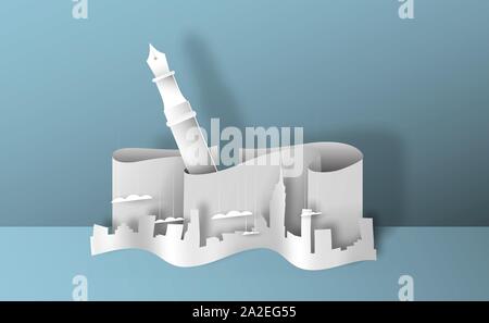 Realistic papercut city landscape with skyscraper towers, blue sky and ...