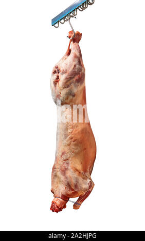 Fresh hanging meat carcass on a stylish butcher shop window and its ...