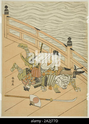 Benkei and Ushiwakamaru on the Gojo bridge in Kyoto, print from the ...