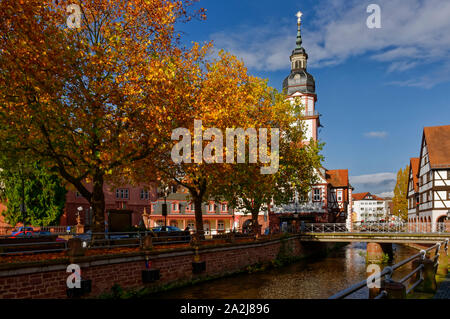Mümling, river, half-timbered, house facade, facade, church tower ...