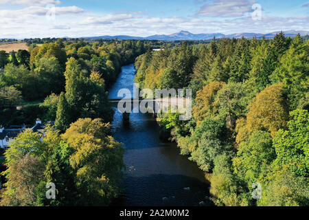Aerial drone view of the River Teith near Buchany, Stirling district ...