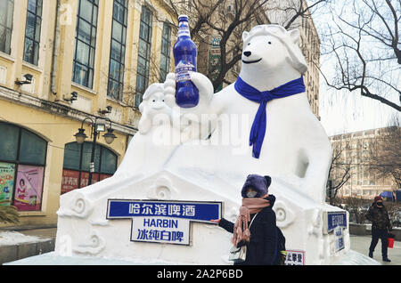 Polar bear snow sculpture by Harbin Brewery in Zhongyang Dajie (Central ...