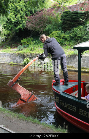 The Tiller handle of a narrow boat (barge), shallow depth of field with ...