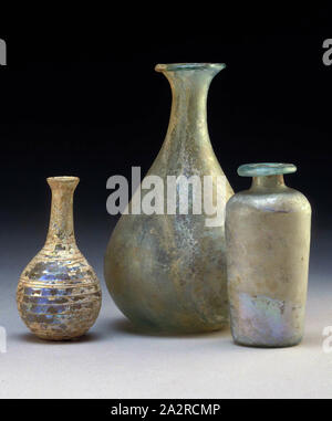 Glass flask Roman 4th century CE Translucent pale yellow green.Uneven ...