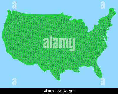 Green simplified map of USA, United States of America. Retro style ...