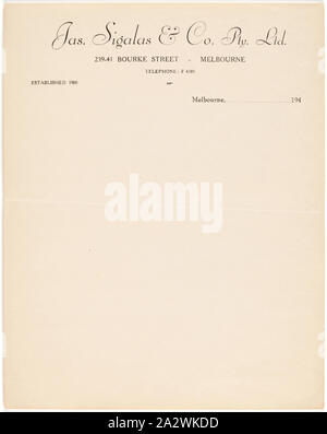 Letterhead - Jas. Sigalas & Co. Pty Ltd, Melbourne, 1940s, Letterhead ...