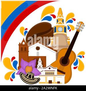 Church building with a flag, hat, coffee bean and guitar ...