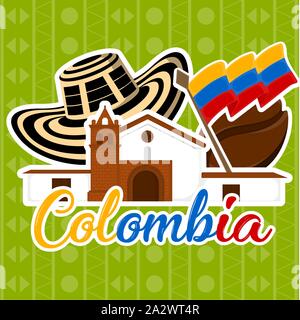 Church building with a flag, hat, coffee bean and guitar ...