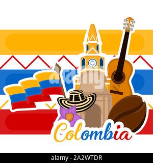 Church building with a flag, hat, coffee bean and guitar ...