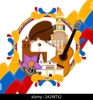 Church building with a flag, hat, coffee bean and guitar ...