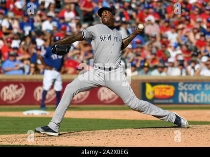 New York Yankees pitcher Aroldis Chapman delivers to the Texas Rangers ...