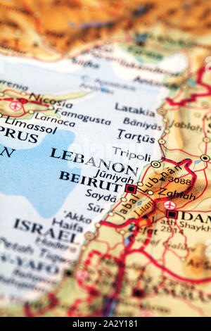 Lebanon on atlas world map Stock Photo - Alamy