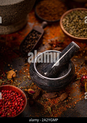 Aroma spice red pepper is scattered on a white isolated background. Top ...