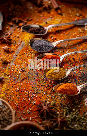 Red chili pepper spice scattered background. Macro. Top view ...