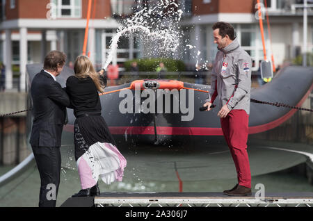 Sir Jim Ratcliffe (left), his daughter Julia and Sir Ben Ainslie (right) officially name the ...