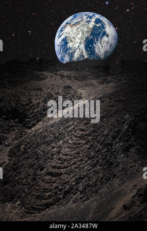 mountains on the moon overlooking planet earth. This image elements ...