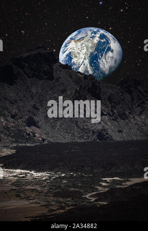 mountains on the moon overlooking planet earth. This image elements ...