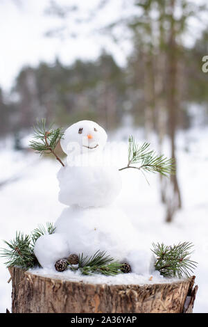 Close up of small snowman sitting on the branches of evergreen tree ...